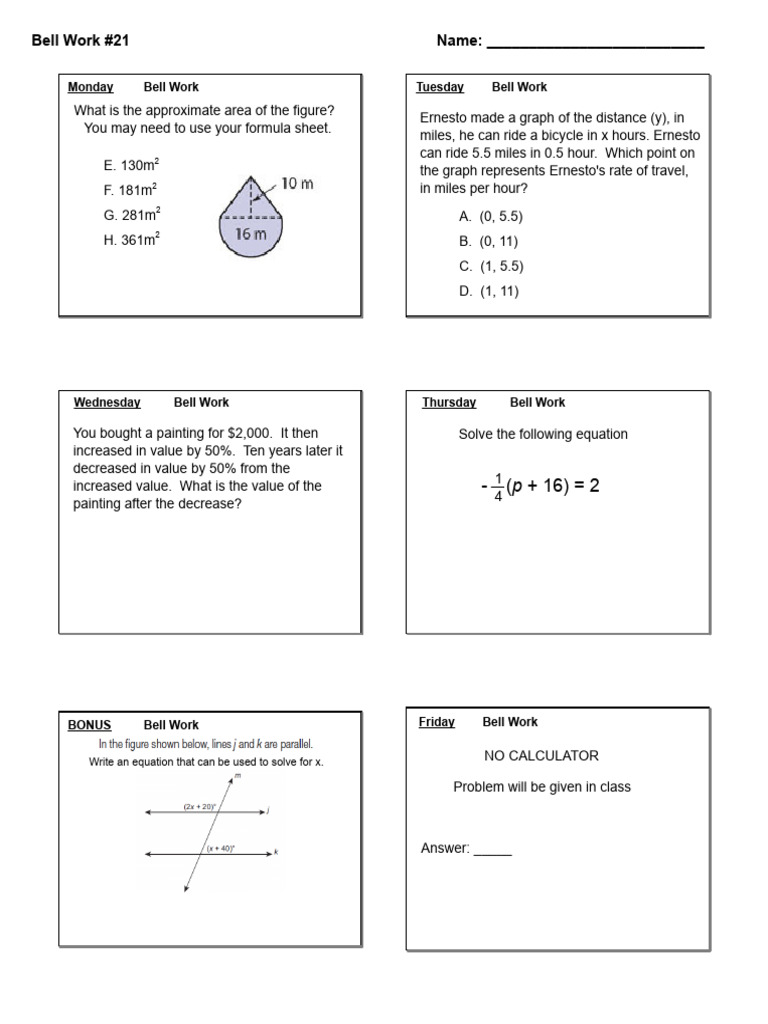 Weekly Math Bell Work Assignments | PDF