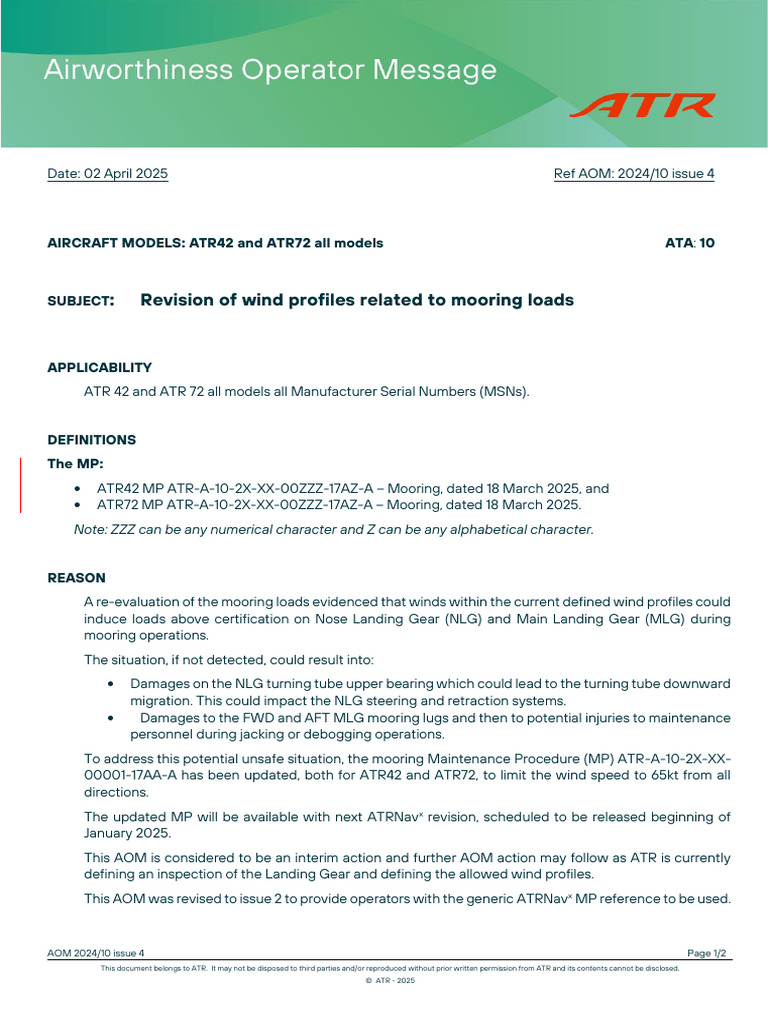 AOM 2024-10 - Revision of wind profiles related to mooring loads | PDF | Landing Gear | Aviation