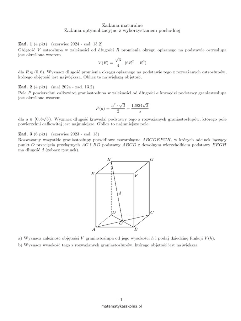 Zadania Maturalne Zadania Optymalizacyjne Z Wykorzystaniem Pochodnej | PDF