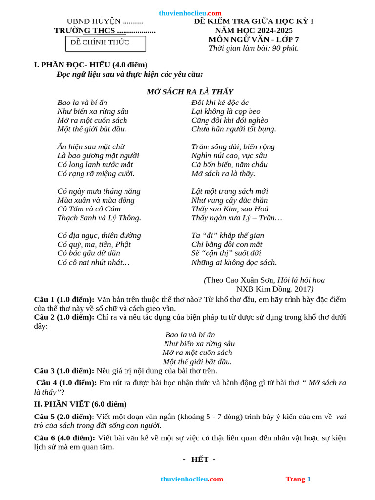 thuvienhoclieu.com-De-kiem-tra-giua-HK1-Ngu-van-7-nam-24-25 | PDF