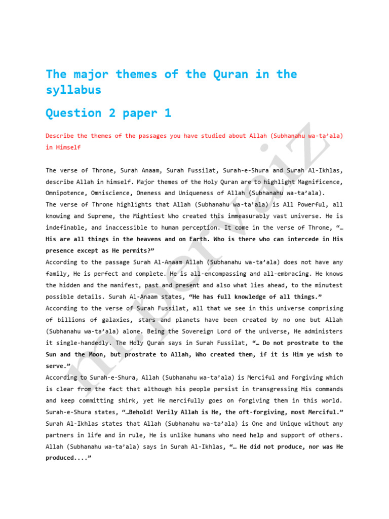 The Major Themes of The Quran in The Syllabus | PDF | Prophets And ...