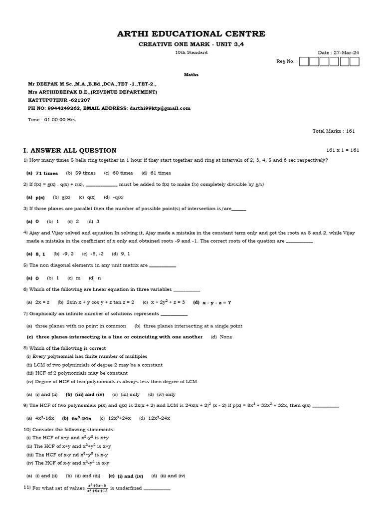 10th Maths Unit 3 Test Paper PDF | PDF | Polynomial | Quadratic Equation