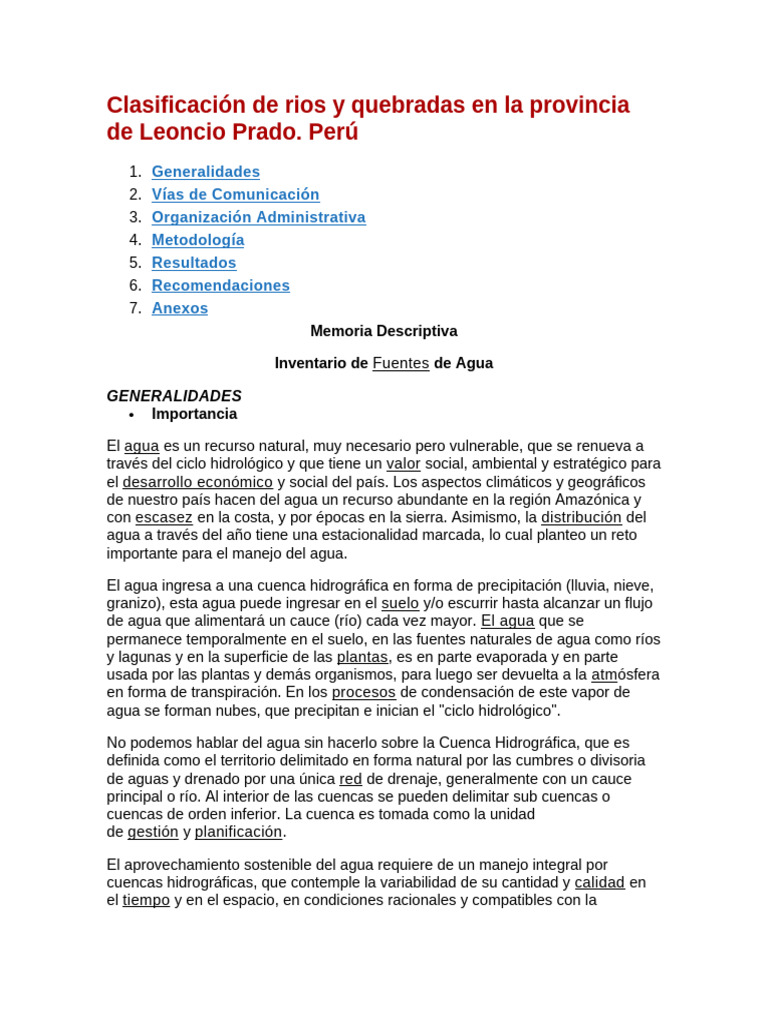 Clasificación de Rios y Quebradas en La Provincia de Leoncio Prado | PDF | Agua | Sustentabilidad