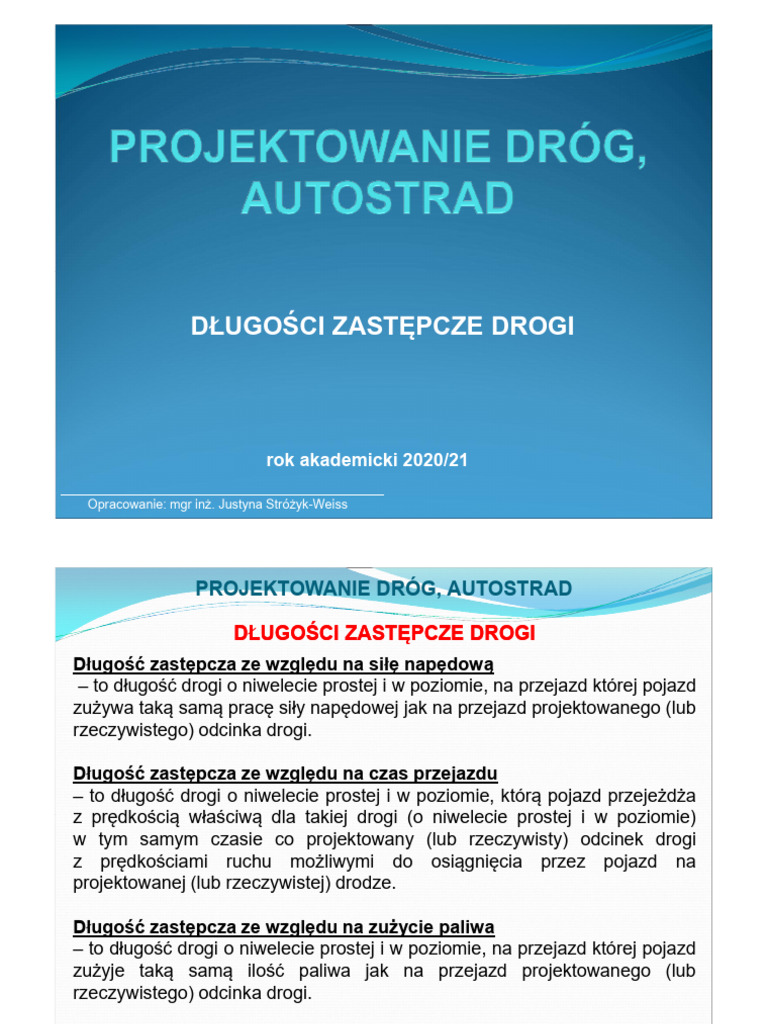 Projektowanie Dróg, Autostrad - Długości Zastępcze Drogi | PDF