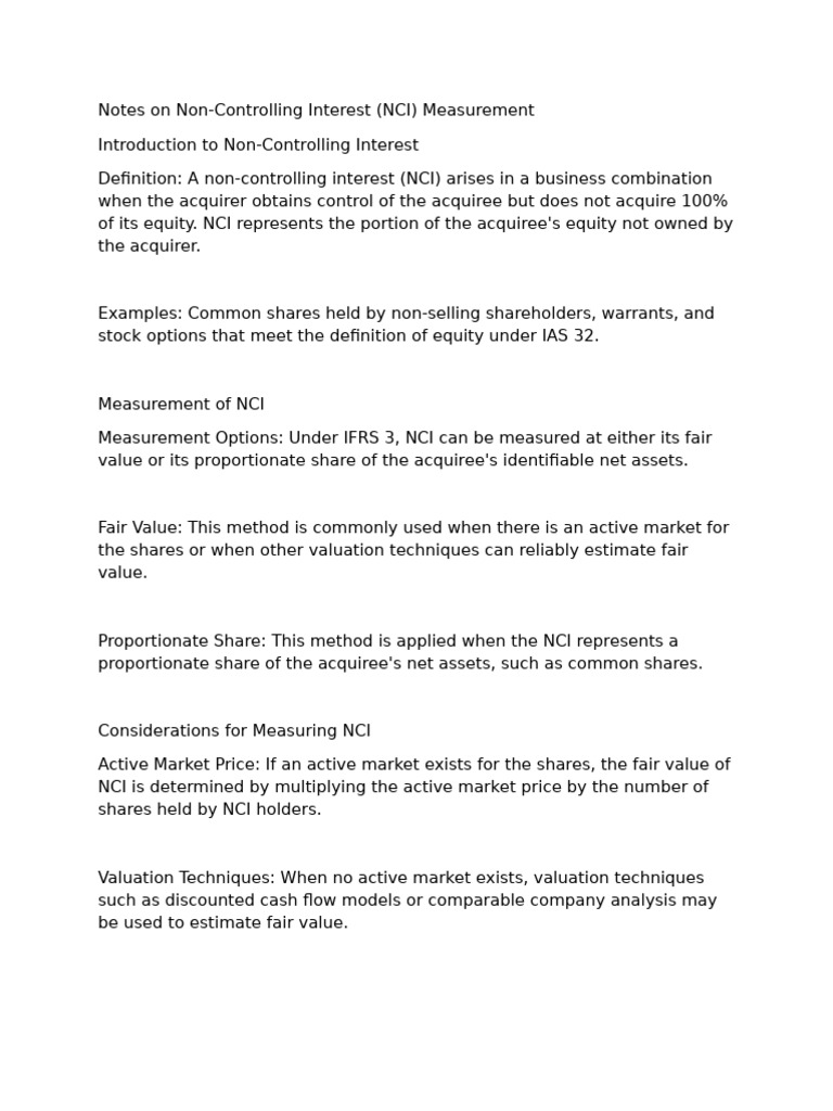 Notes On Non-Controlling Interest (NCI) Measurement | PDF