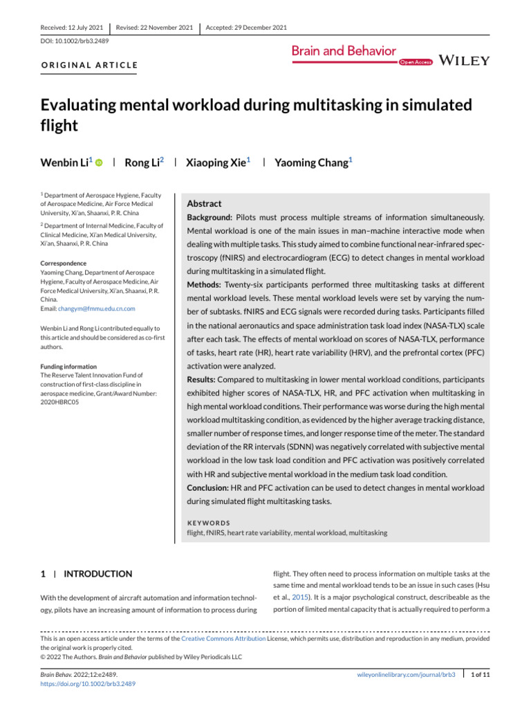 Evaluating Mental Workload During Multitasking in | PDF | Workload | Prefrontal Cortex