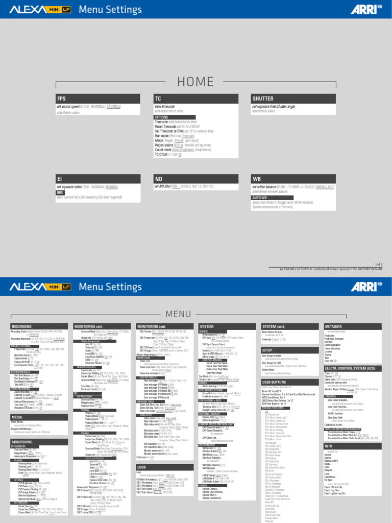 ARRI ALEXA Mini LF Menu Settings Chart SUP6.0.1x | PDF | Film And Video ...