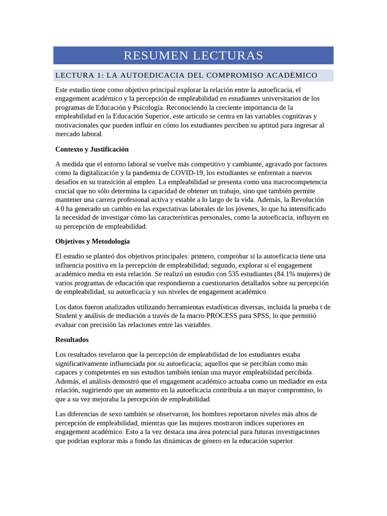 Resumen Lecturas | PDF | Autoeficacia | Psicología Social
