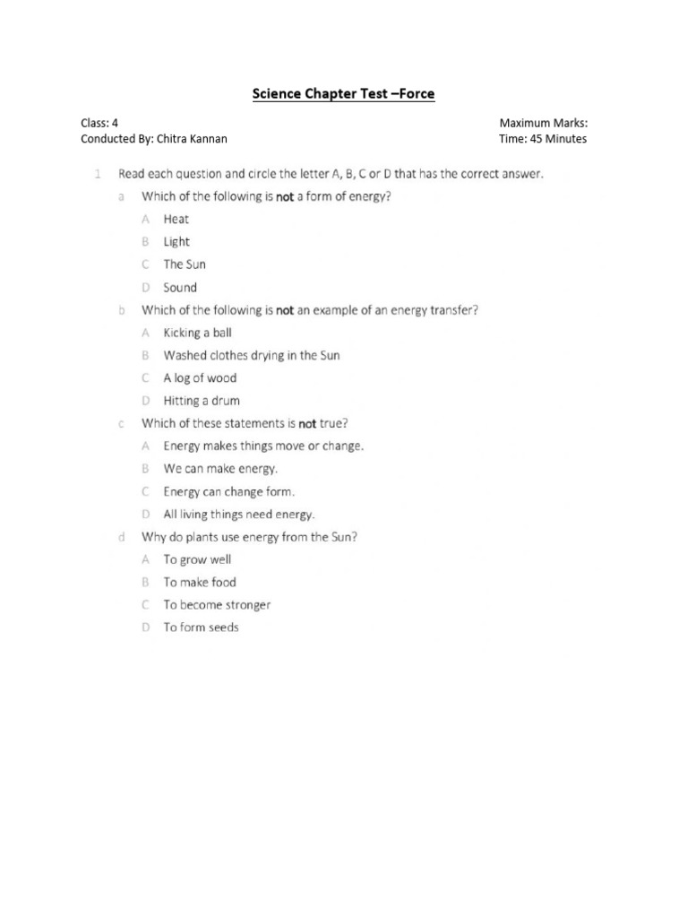 4th Grade Science Test on Force | PDF