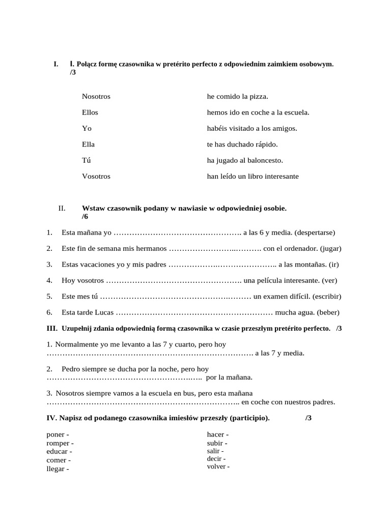 Ejercicios de pretérito perfecto en español | PDF