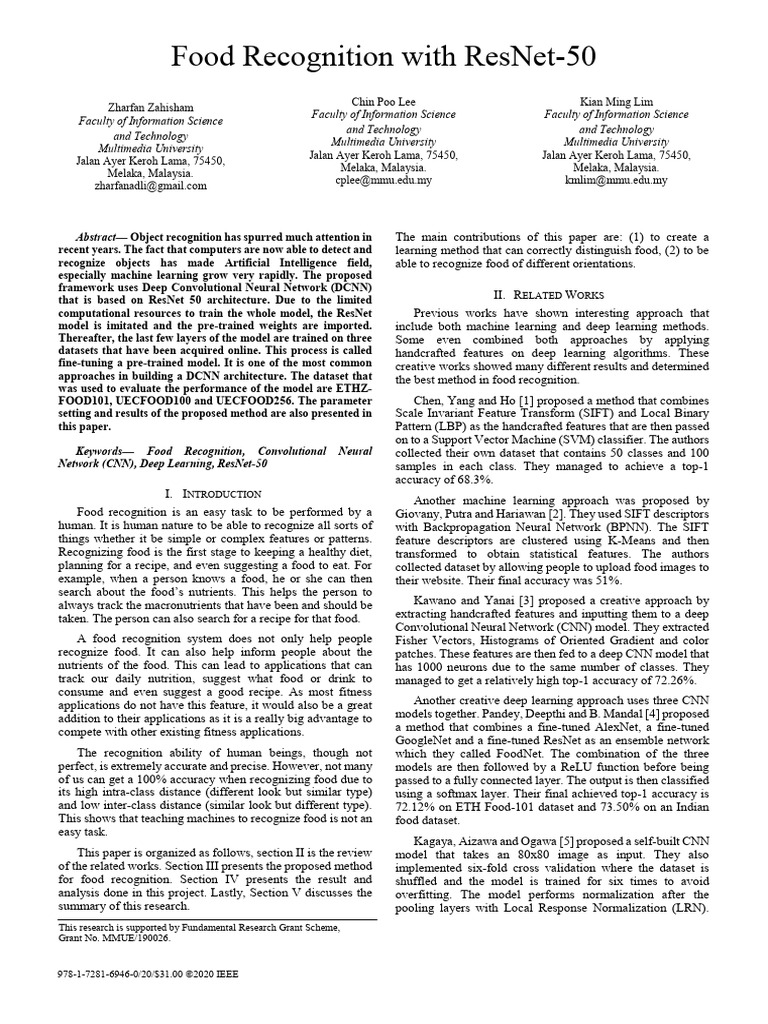 Food Recognition Using ResNet-50 | PDF | Cognitive Science | Machine ...