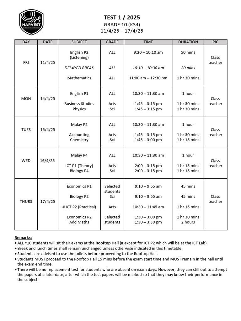 Test 1 Timetable 2025 - Y10 | PDF | Qualifications | Educational Stages