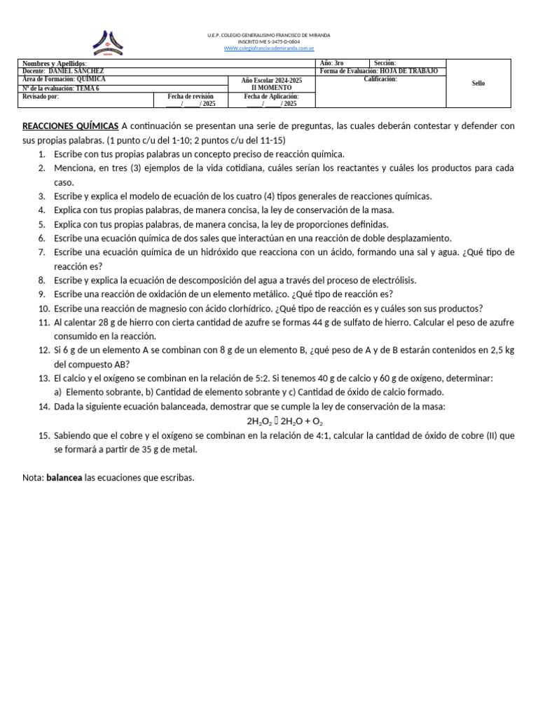 PRUEBA Tema 6 Química 3ro | PDF | Reacciones químicas | Sal (química)