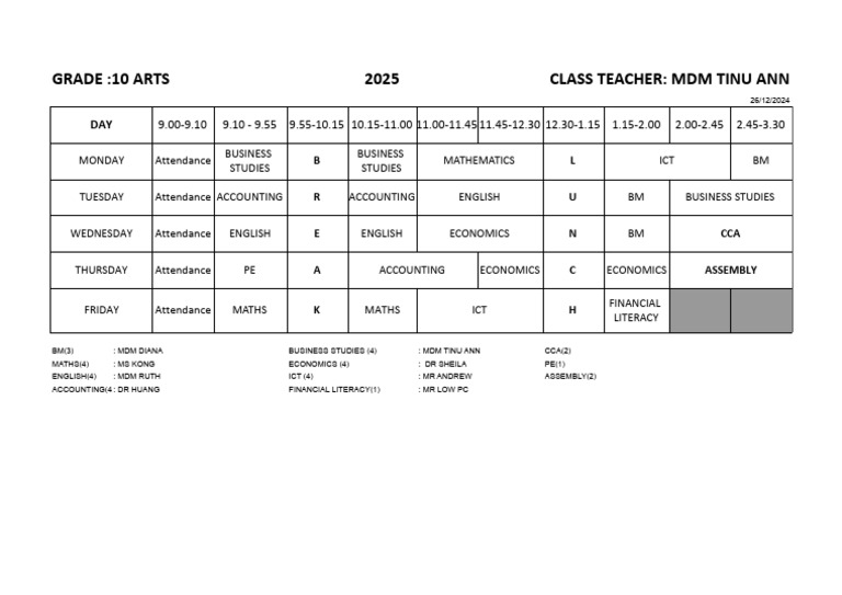 2025 Grade 10 Arts Timetable | PDF