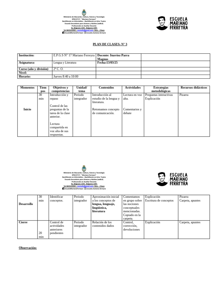Plan de Clase #3 | PDF | Maestros | Aprendizaje