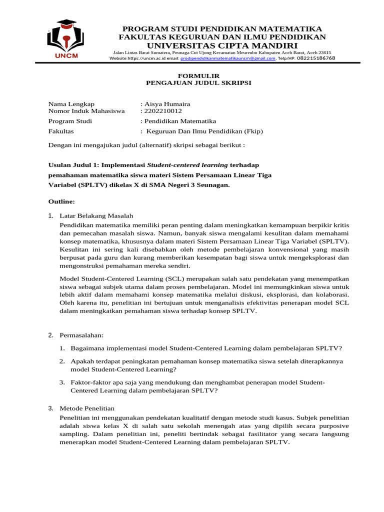 Form Pengajuan Judul Aisya Humaira | PDF