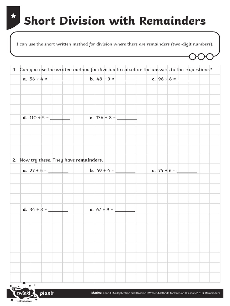 Short Division (With Remainders) | PDF