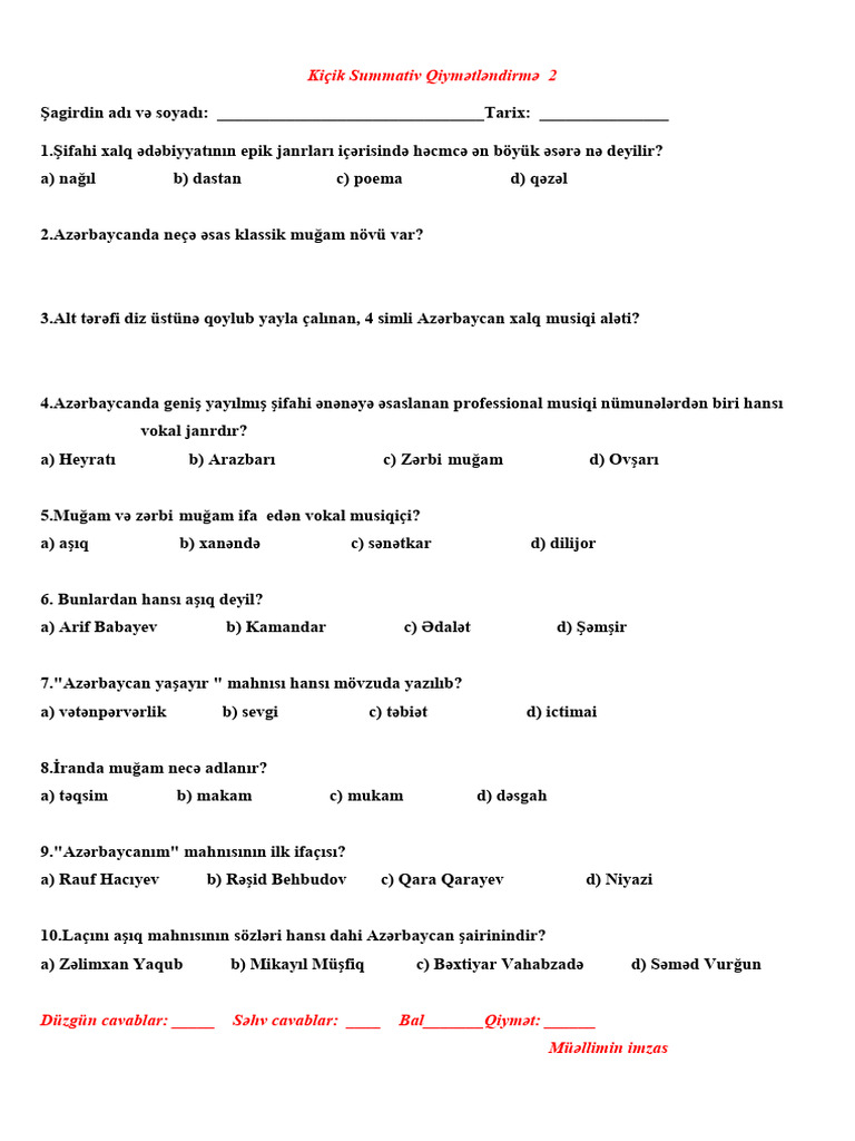 Musiqi 4-Cu Sinif KSQ 2,3,4.5,6 | PDF