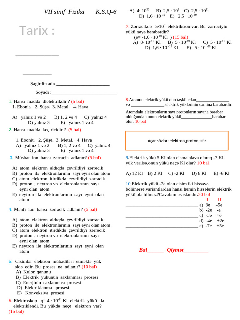 Fizika VLL Sinif KSQ 6 | PDF