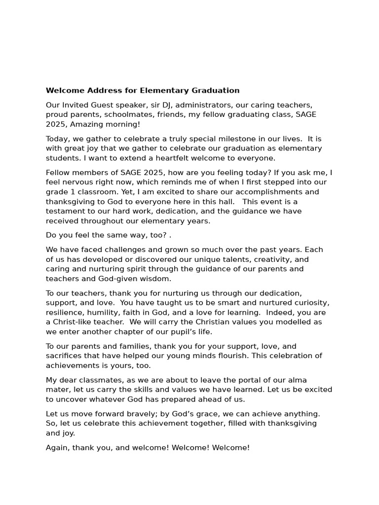 Welcome Address For Elementary Graduation | PDF