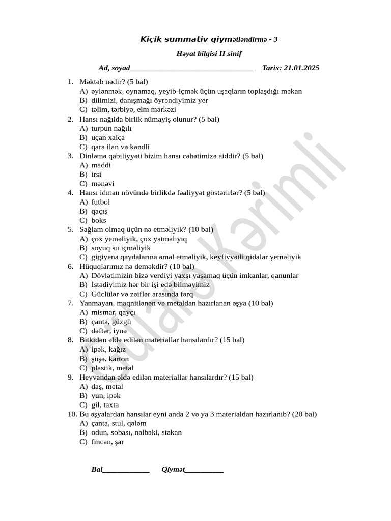 Kiçik summativ qiymətləndirmə - 3 hb | PDF