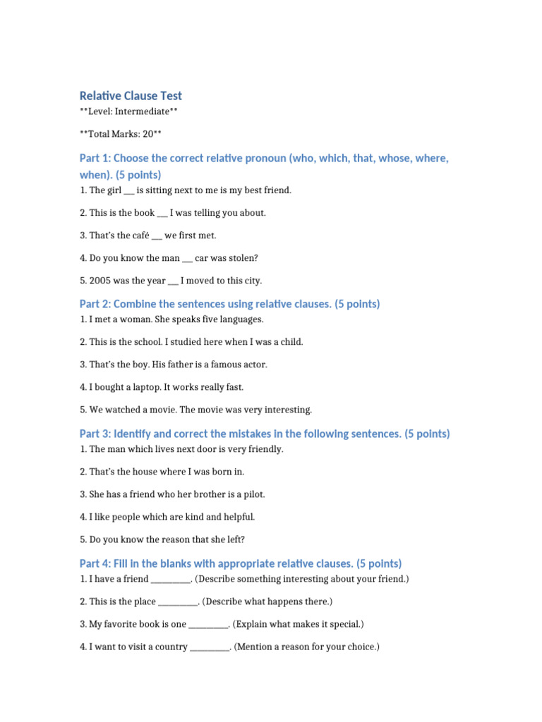 Relative Clause Test for Intermediate Learners | PDF