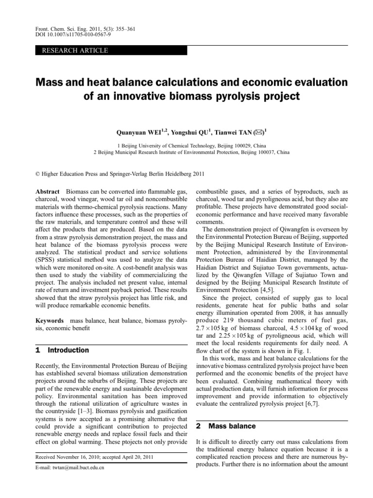 Mass and heat balance calculations and economic evaluation of an ...