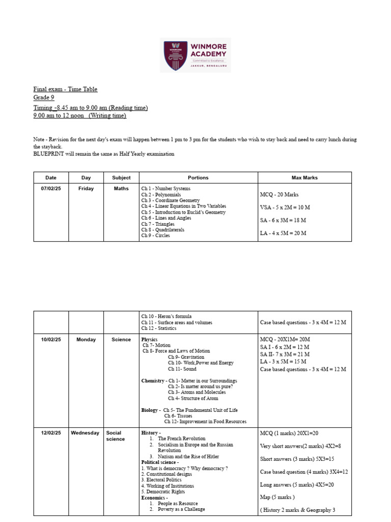 Final Exam - Time Table GR 9 | PDF