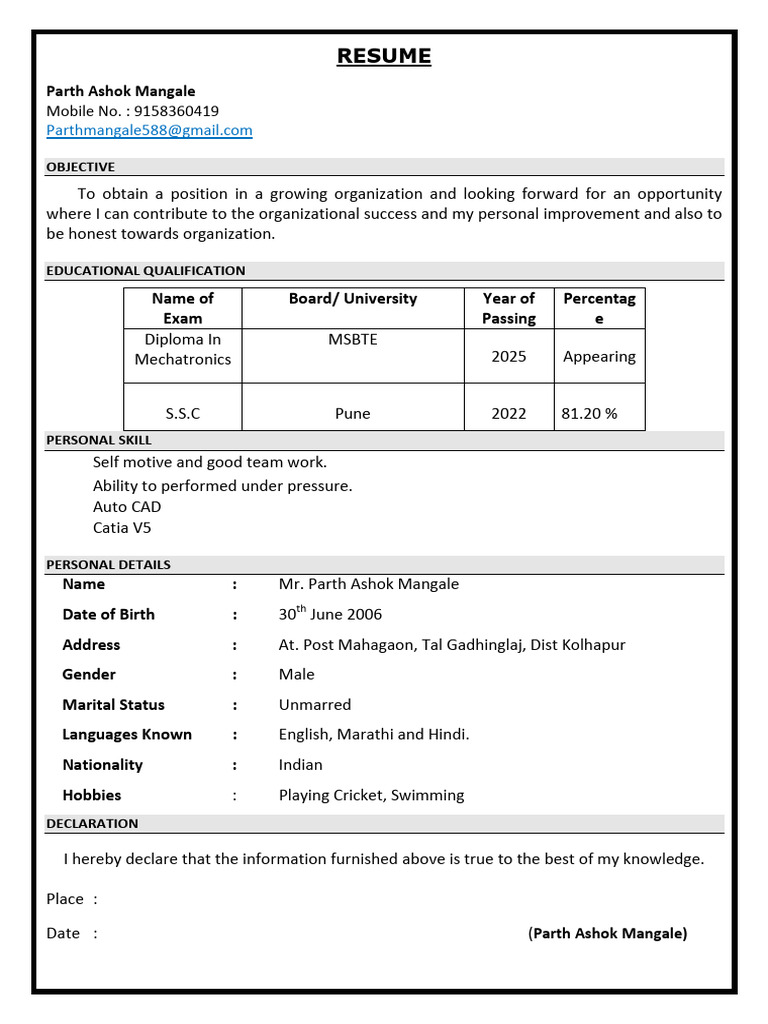 Parth Mangale's Resume - Mechatronics Student | PDF