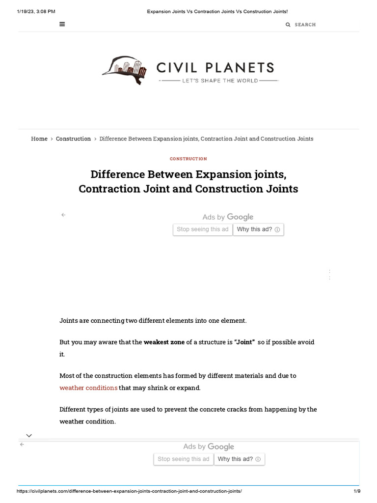 Expansion Joints Vs Contraction Joints Vs Construction Joints! | PDF ...
