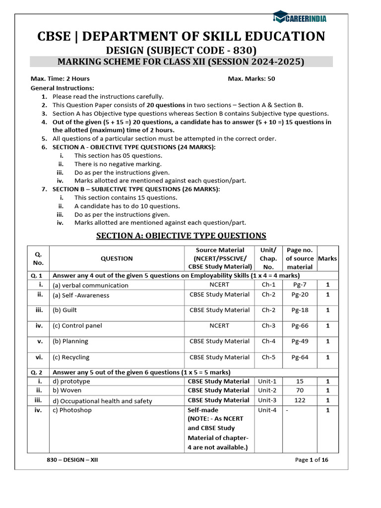 CBSE Class 12 Design Marking Scheme Question Paper 2025 | PDF | Loom ...