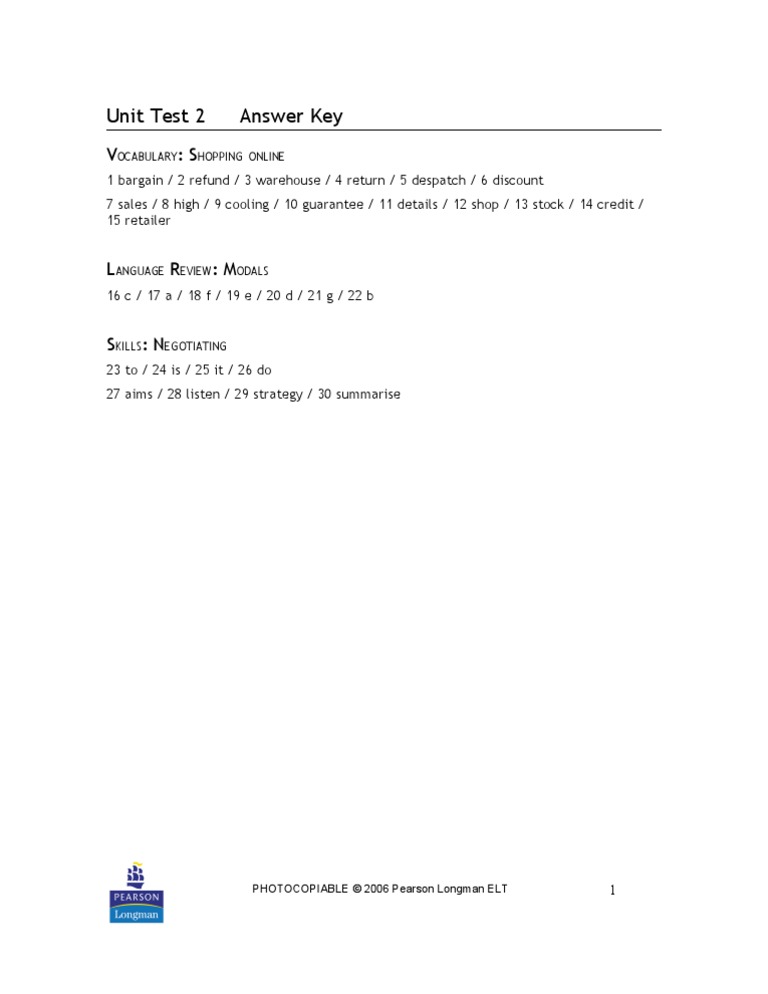 Unit Test 2 Answer Key: Ocabulary Hopping Online | PDF