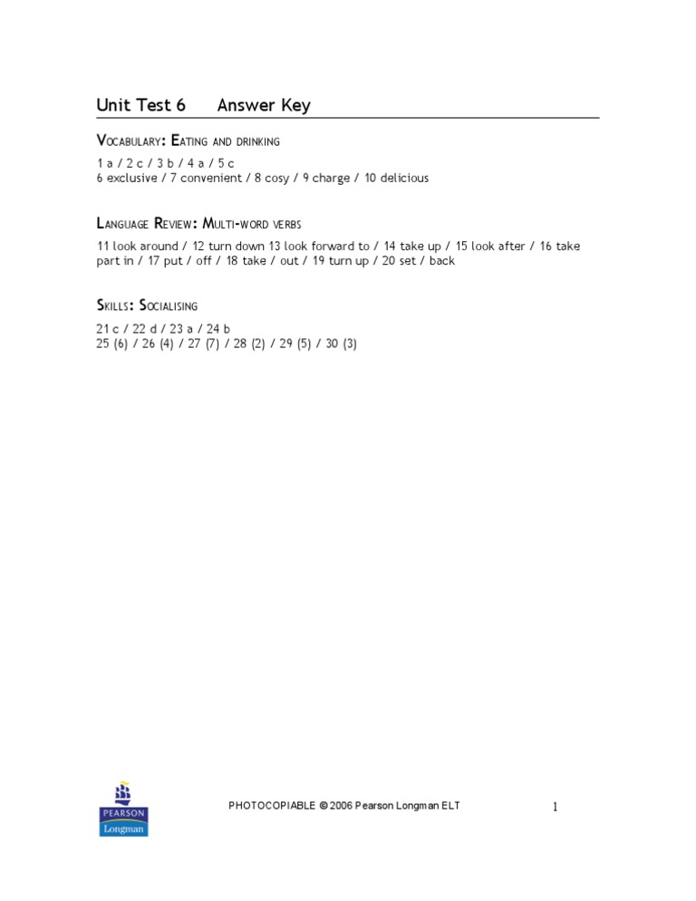 Unit Test 6 Answer Key: Ocabulary Ating AND Drinking | PDF