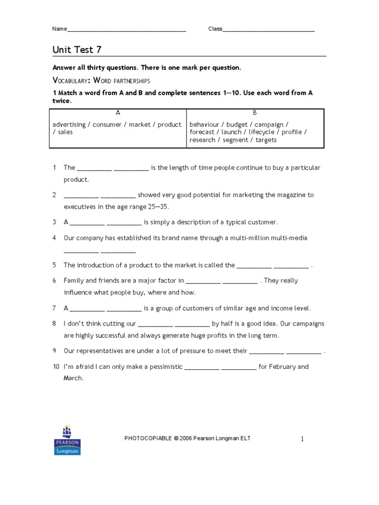 Unit Test 7: Answer All Thirty Questions. There Is One Mark Per ...
