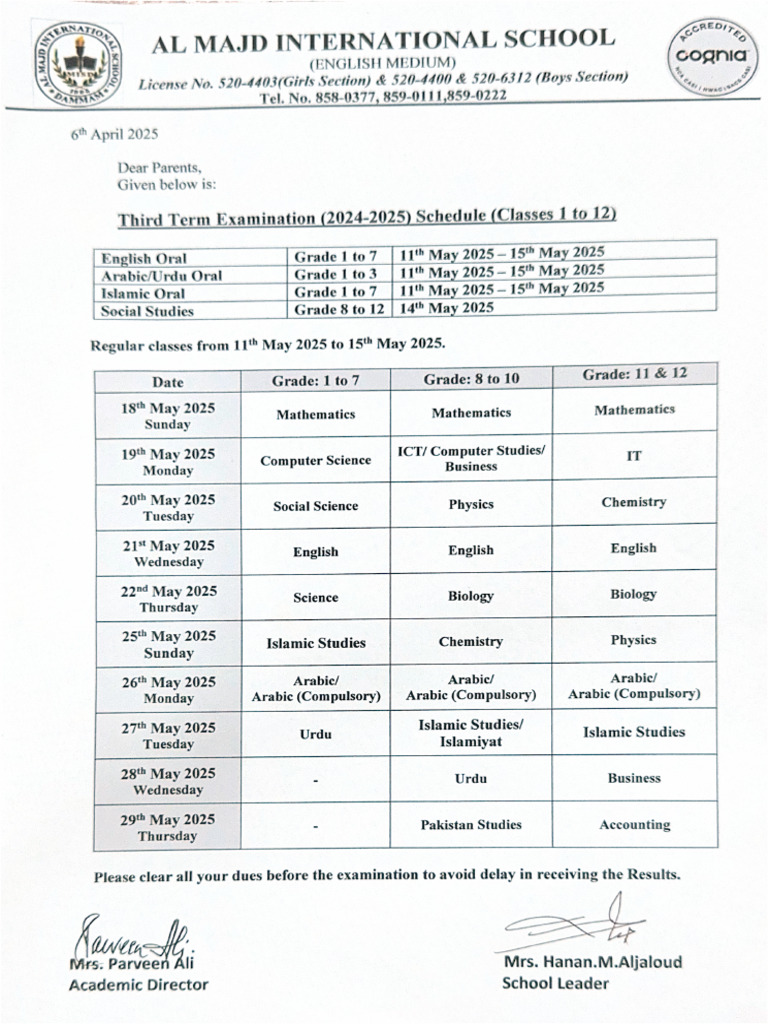 Third Term Examination Schedule 2024-2025 | PDF