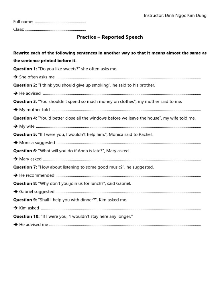 10A3 - Reported Speech - Practice | PDF