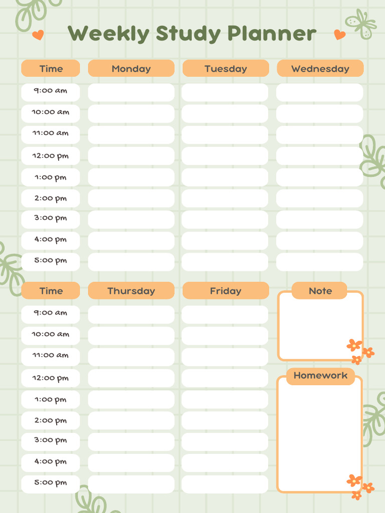 Green Cute Playful Doodle Weekly Study Planner | PDF