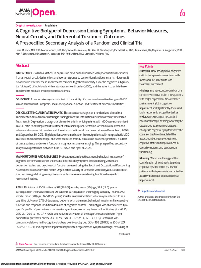 Cognitive Biotype of Depression Study | PDF | Major Depressive Disorder ...