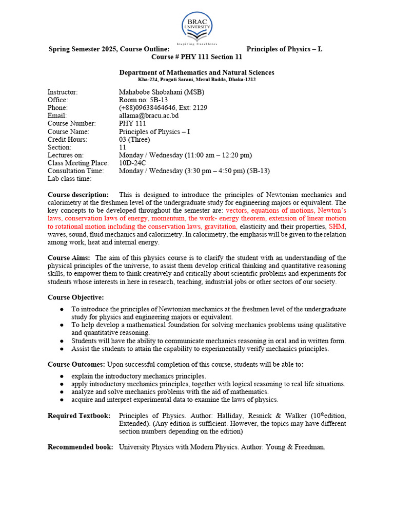 Course Outline PHY-111 (11) SP2025 - TMP | PDF | Classical Mechanics | Newton's Laws Of Motion