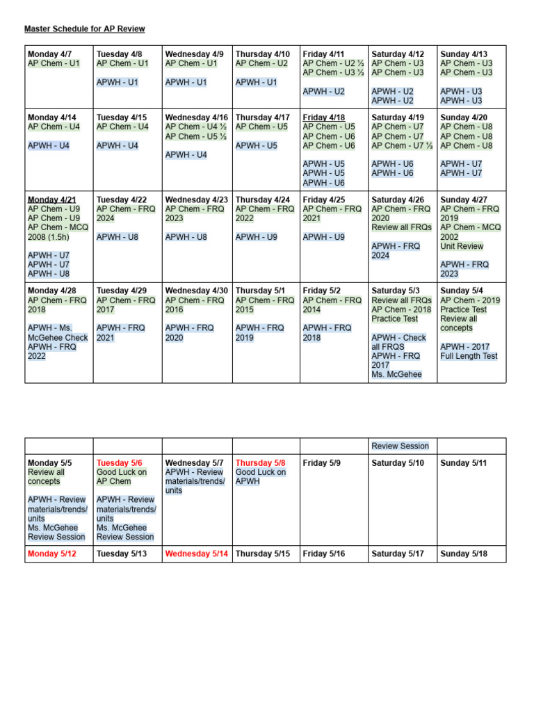 AP Chemistry Review Schedule 2024 | PDF | Munich | Transport Infrastructure