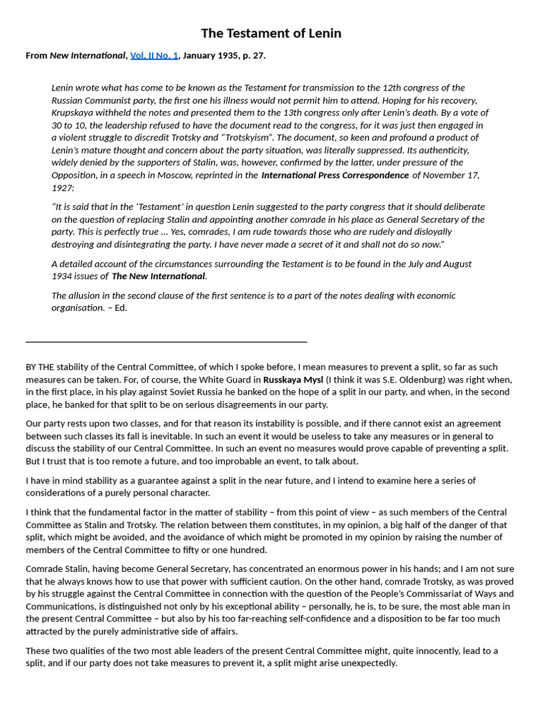 Lenins Will and Testament 2025 | PDF | Vladimir Lenin | Leon Trotsky