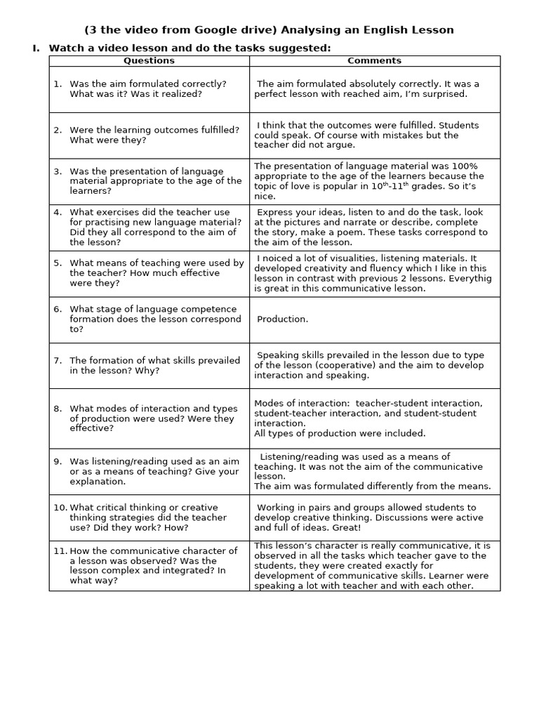 Analysing An English Lesson | PDF | Teachers | Learning