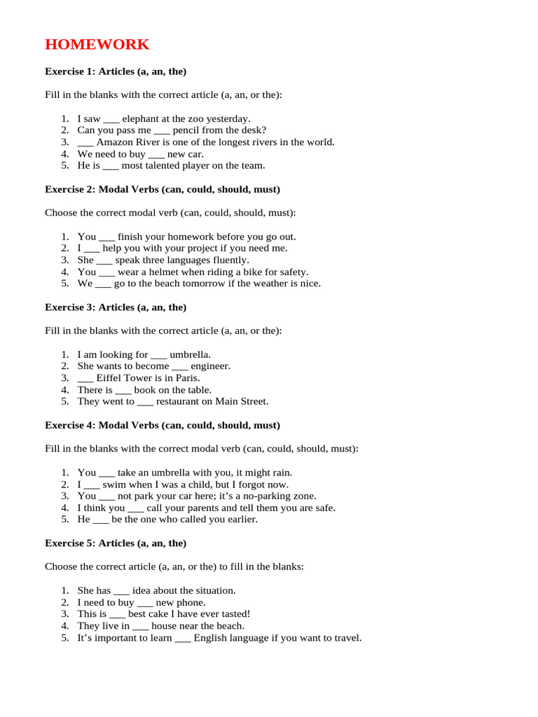 Homework (Articles and Modal Verbs) | PDF