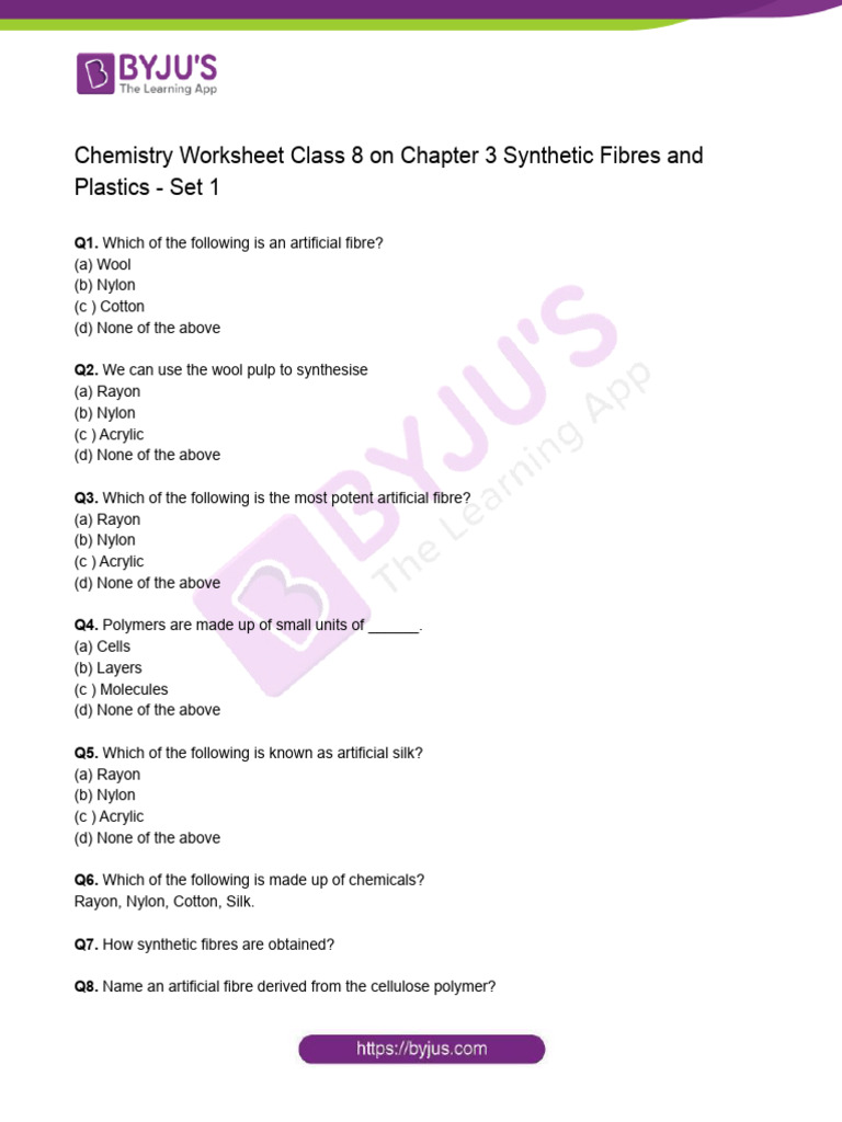 Chemistry-Worksheet-Class-8-on-Chapter-3-Synthetic-Fibres-and-Plastics-Set-1.docx-1 | PDF