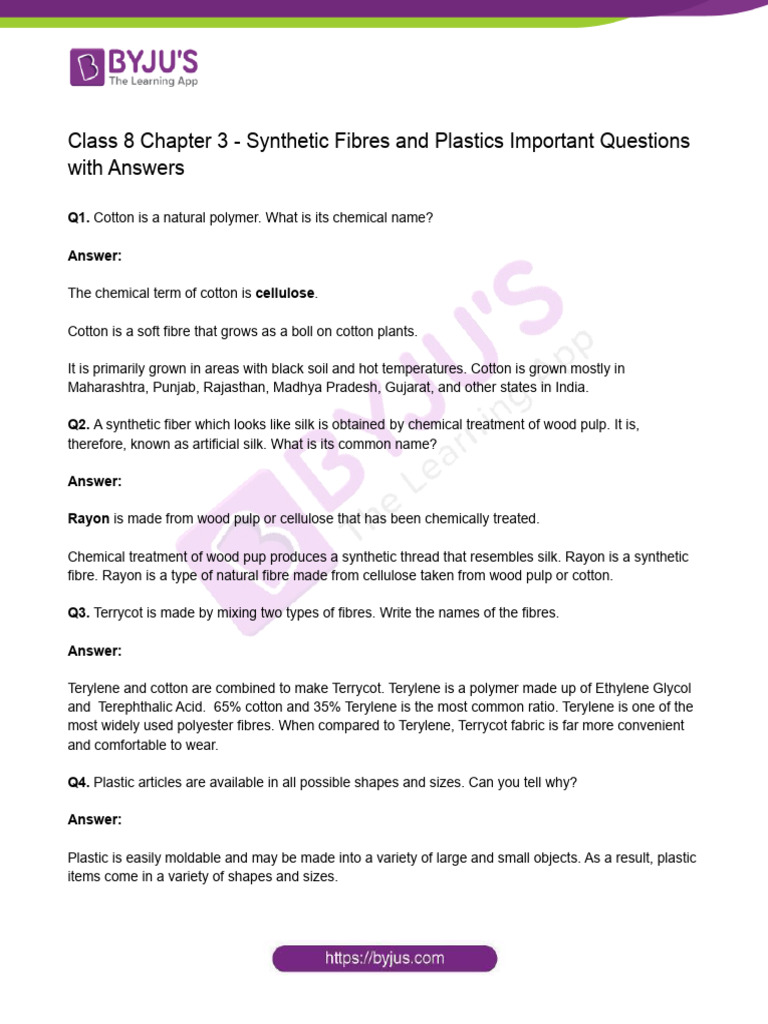 Class 8 Chemistry Chapter 3 Synthetic Fibres and Plastics Important Questions With Answers | PDF ...