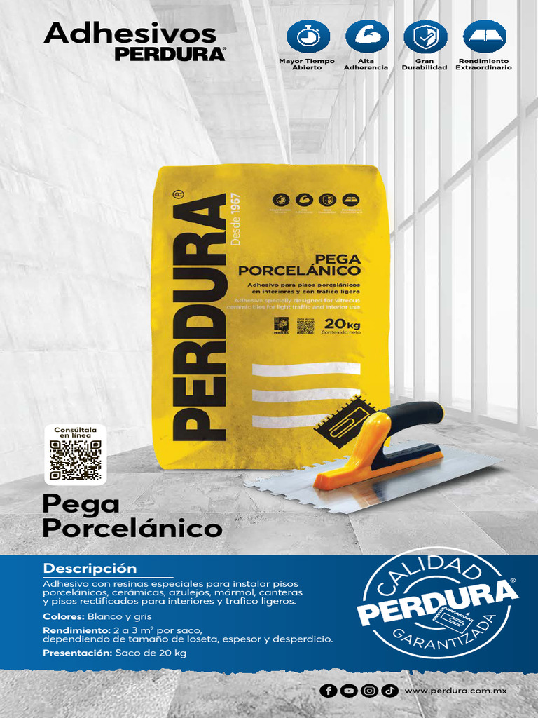 Pega Porcelánico Perdura: Rendimiento y Uso | PDF | Agua | Pintar