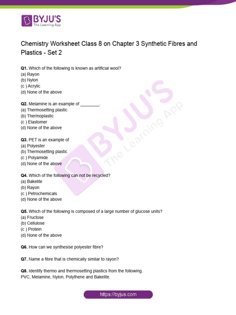 Chemistry Worksheet Class 8 On Chapter 3 Synthetic Fibres and Plastics Set 2.docx 1 | PDF