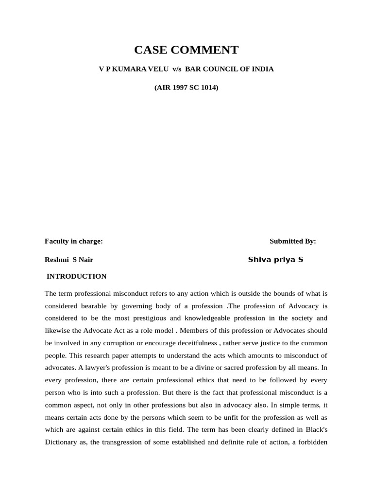 VP Kumara Velu V The Bar Council of . | PDF | Lawsuit | Negligence