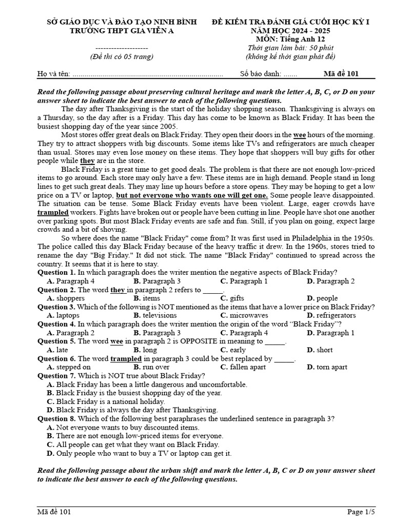 De Thi Cuoi Hoc Ki 1 Tieng Anh 12 Nam 20242025 | PDF | Black Friday (Shopping) | Sleep