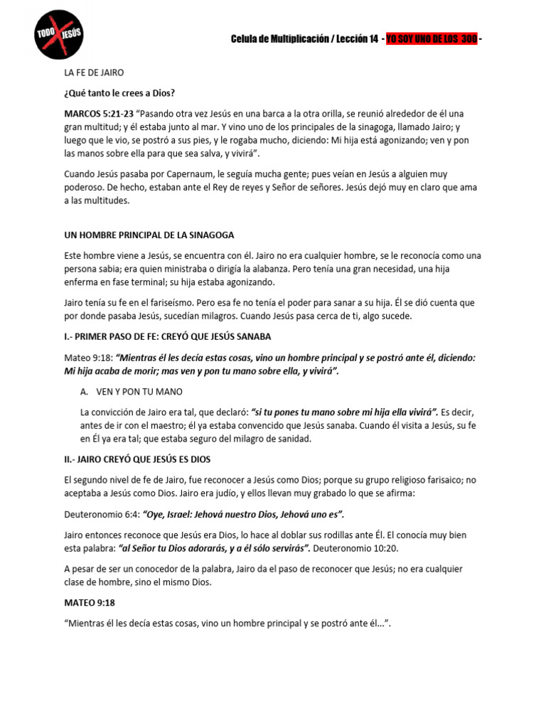 La fe de Jairo y su milagro en Jesús | PDF | Jesús | Milagro